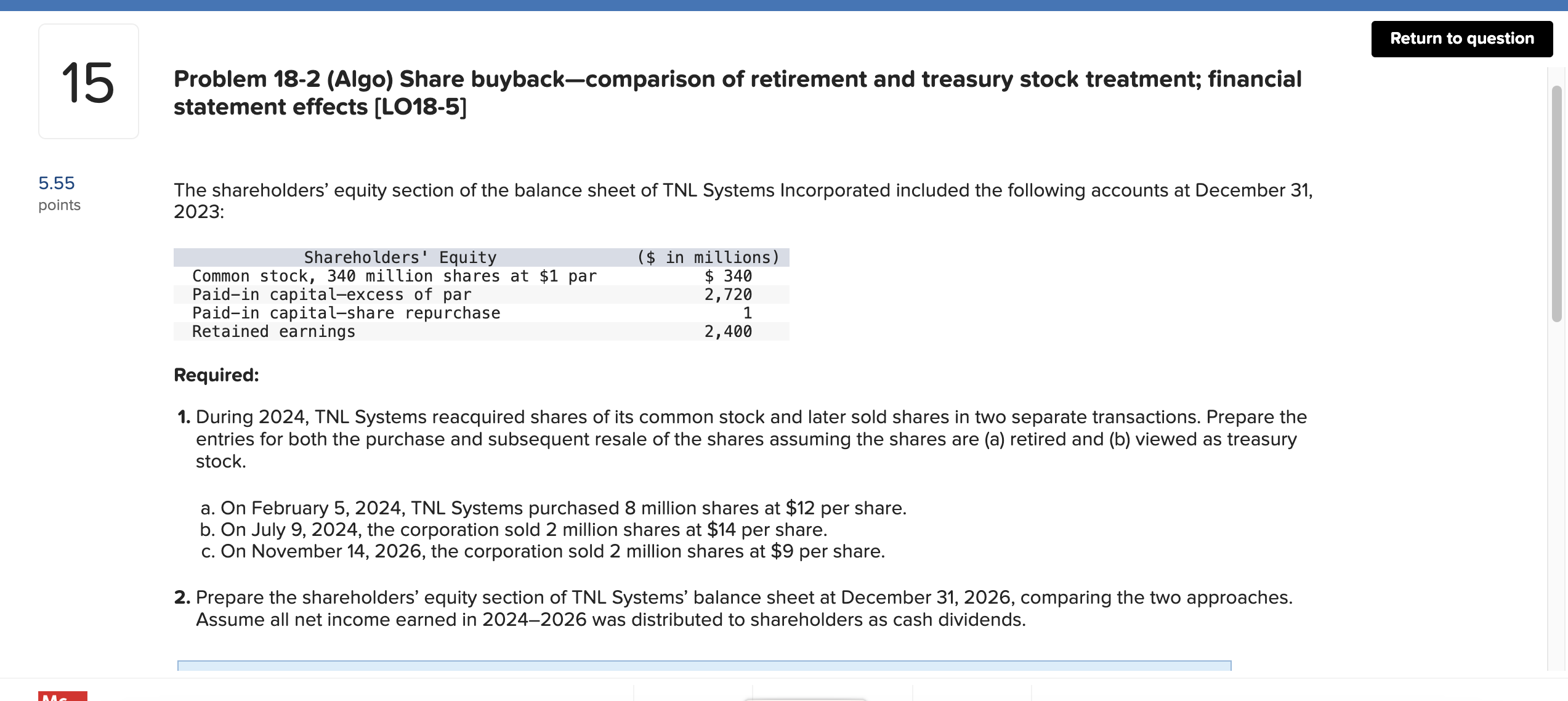 Solved Problem 18-2 (Algo) ﻿Share buyback—comparison of | Chegg.com
