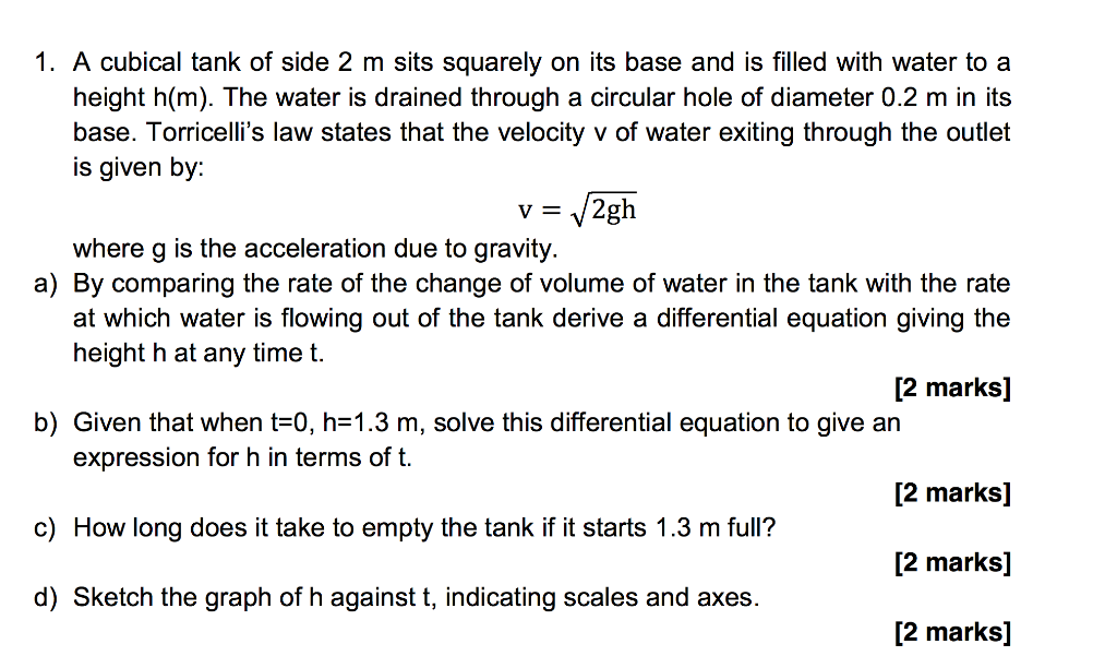 Solved 1. A cubical tank of side 2 m sits squarely on its | Chegg.com
