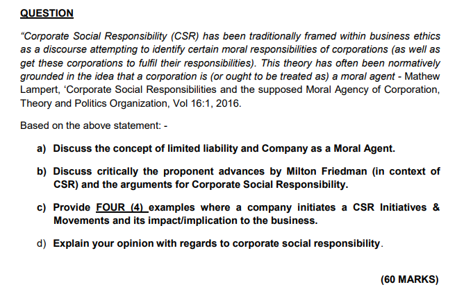 Solved QUESTION "Corporate Social Responsibility (CSR) has | Chegg.com