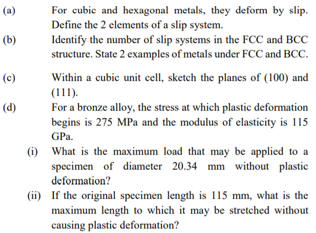 Solved (a) (b) For cubic and hexagonal metals, they deform | Chegg.com