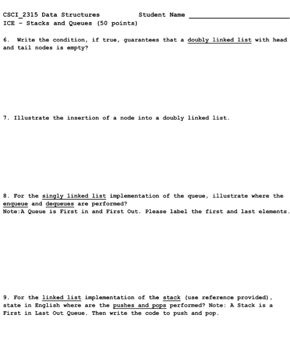 Solved CSCI 2315 Data Structures Student Name ICE Stacks and | Chegg.com