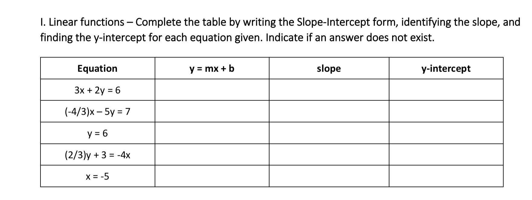 Solved I. Linear functions - Complete the table by writing | Chegg.com