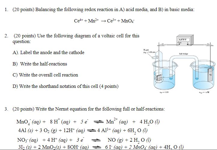 Solved 1. (20 points) Balancing the following redox reaction | Chegg.com