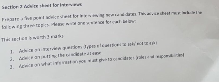 Solved Section 2 Advice sheet for Interviews Prepare a five | Chegg.com