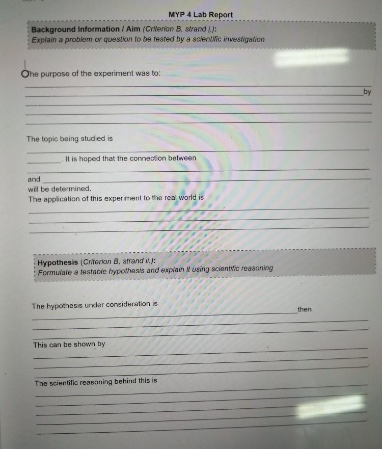 MYP 4 Lab Report Background Information / Aim | Chegg.com