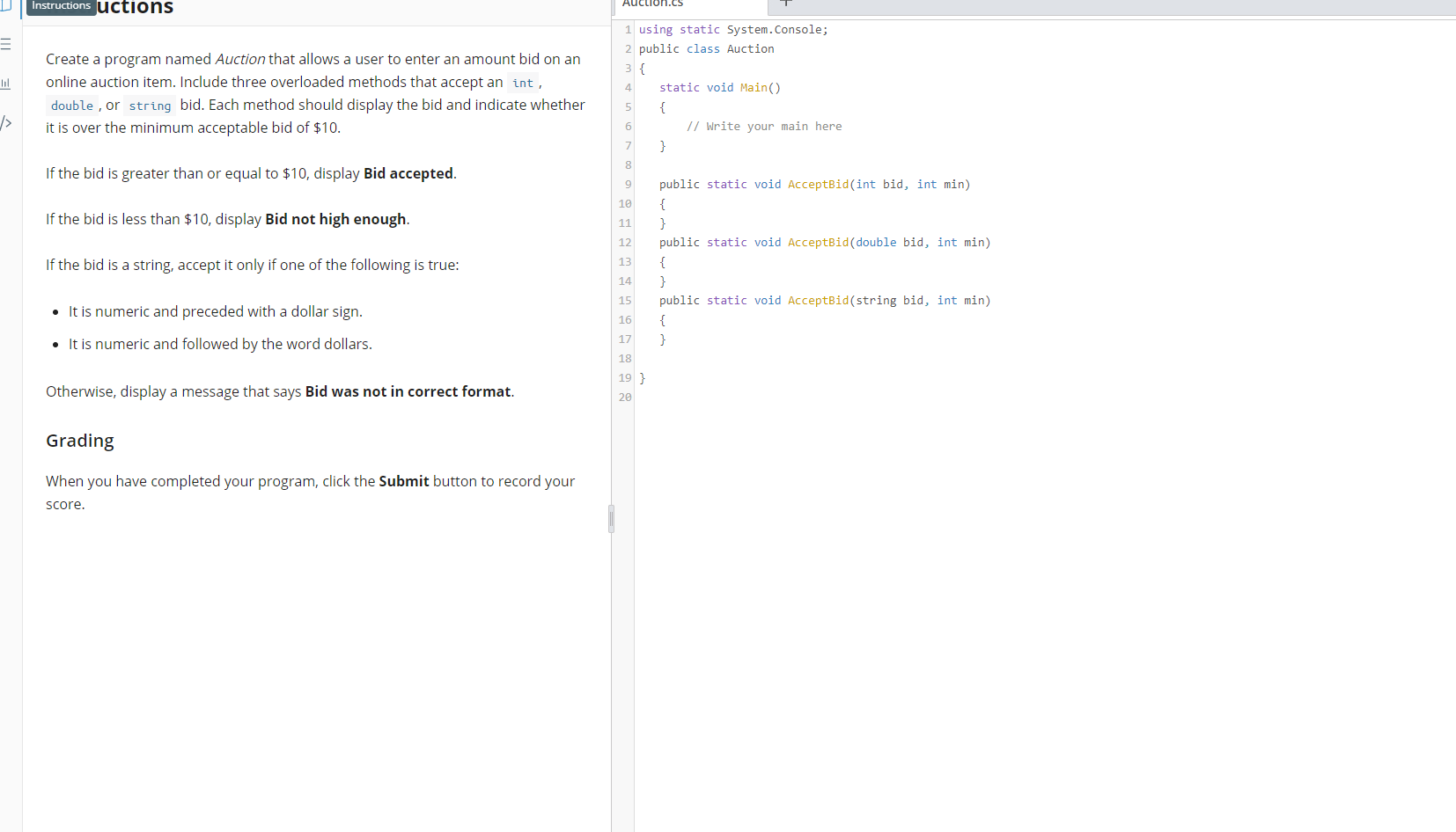 Solved Instructions uctions Auction.cs lil 4 1 using static | Chegg.com