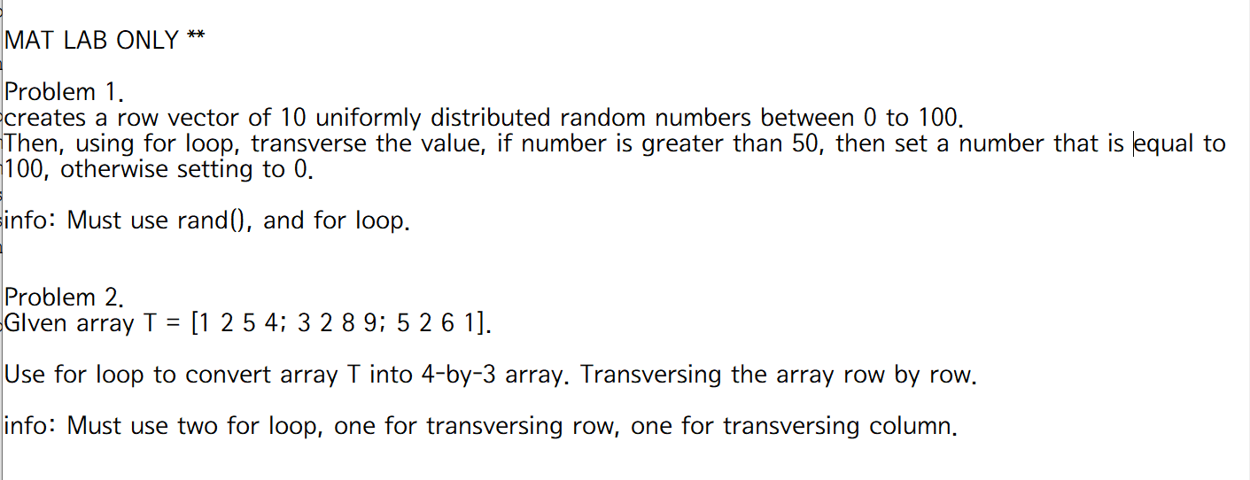 Solved MAT LAB ONLY ** Problem 1. creates a row vector of 10 | Chegg.com