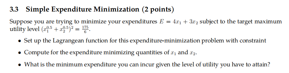 Solved 3.3 Simple Expenditure Minimization (2 points) | Chegg.com