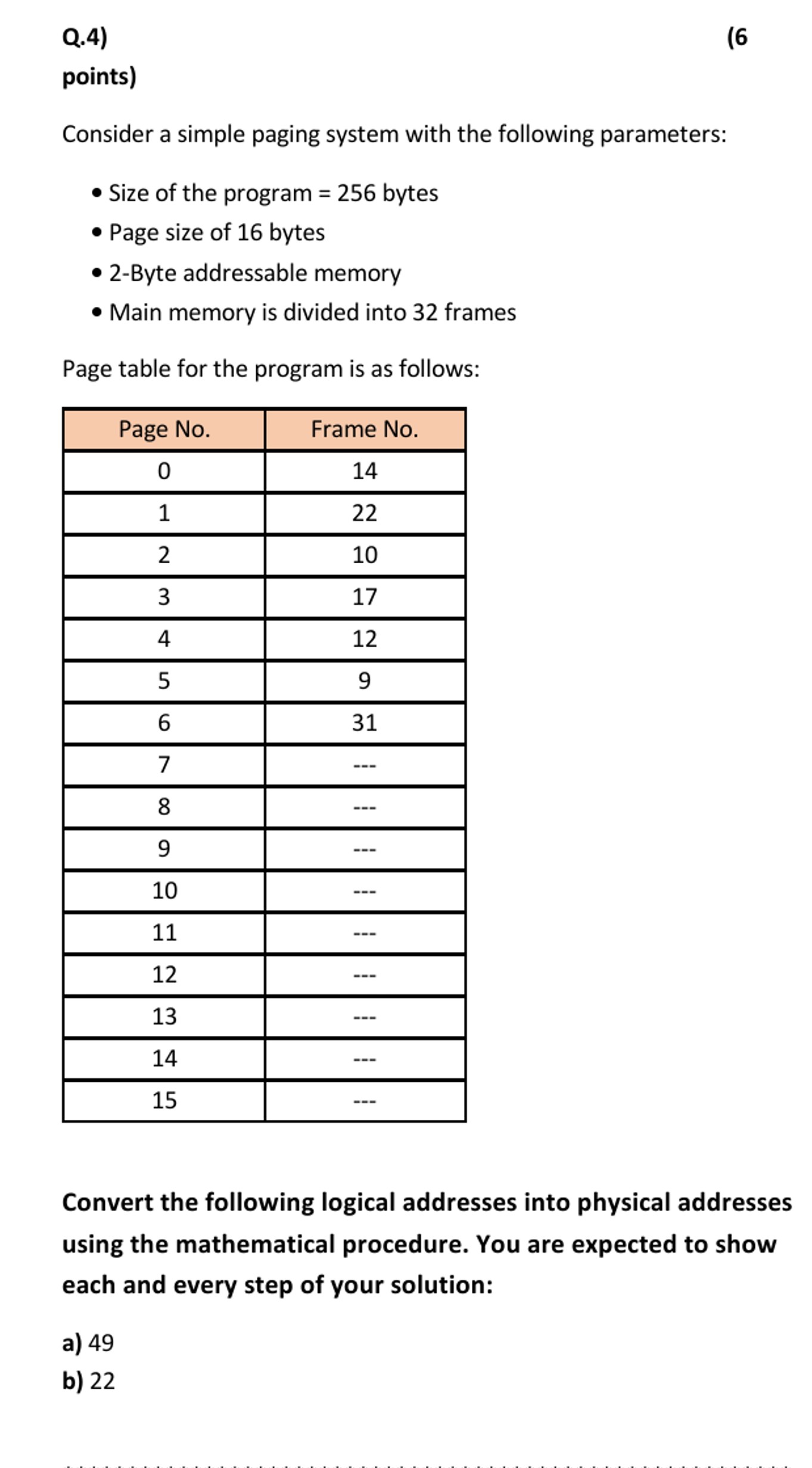 Solved Q.4)(6points)Consider a simple paging system with the | Chegg.com