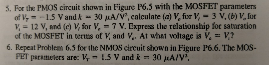 Solved 5. For the PMOS circuit shown in Figure P6.5 with the | Chegg.com
