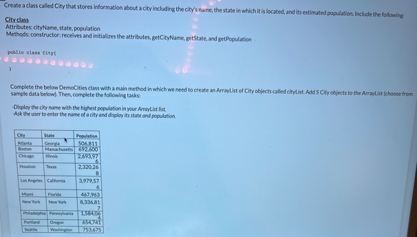 Solved Create a class called City that stores information | Chegg.com