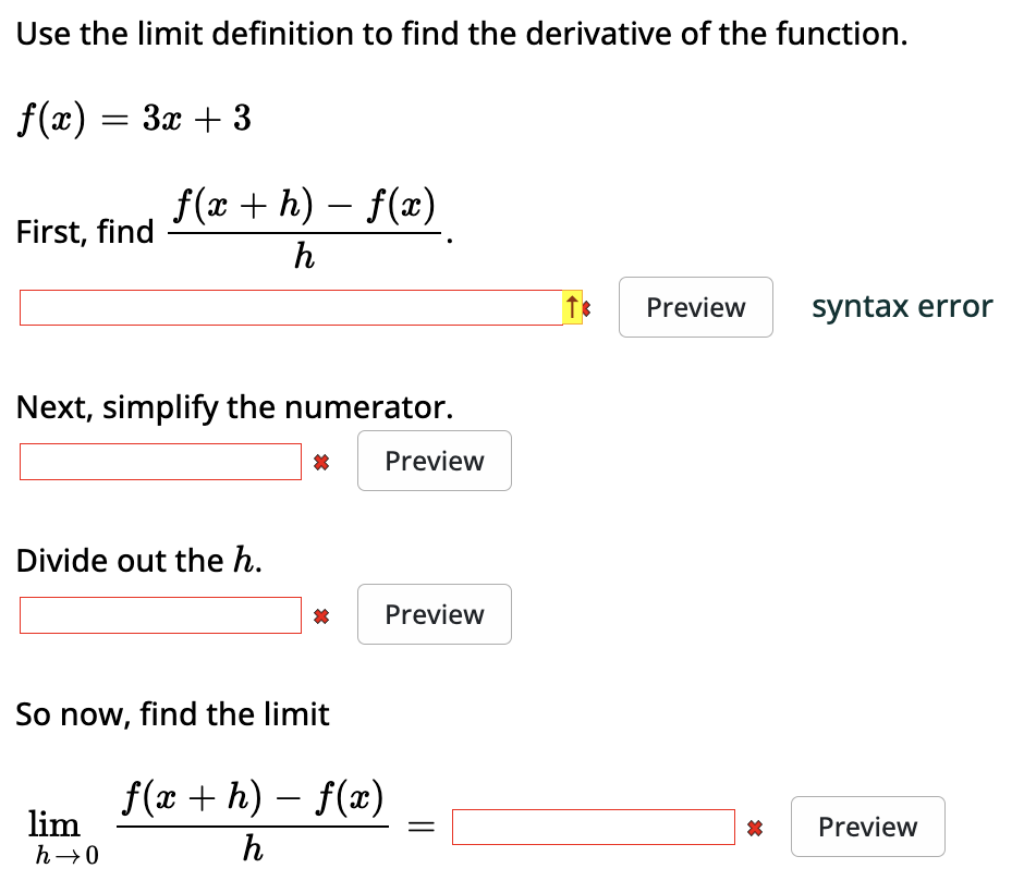 Solved Use the limit definition to find the derivative of | Chegg.com