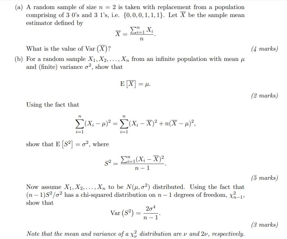 Solved (a) A random sample of size n = 2 is taken with | Chegg.com