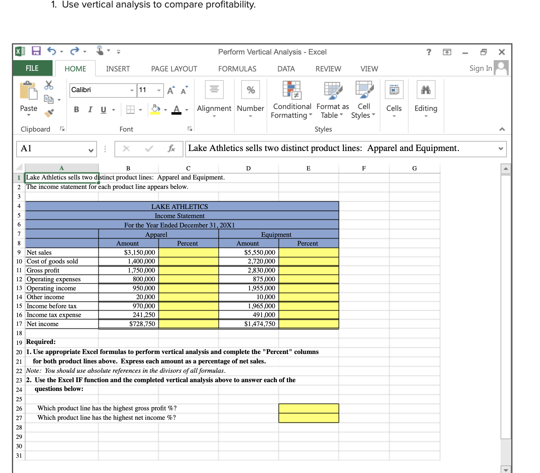 Solved 1. Use vertical analysis to compare profitability. | Chegg.com