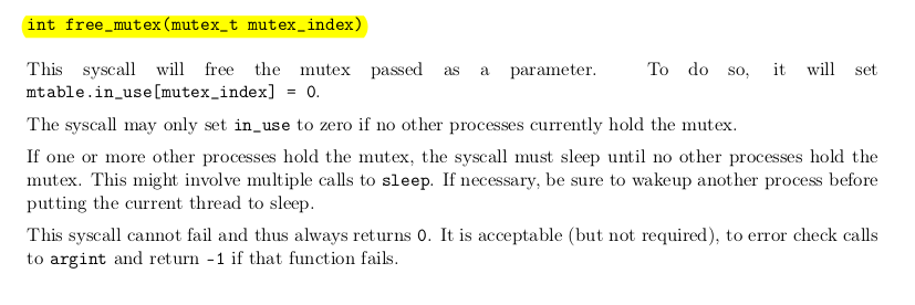 int free_mutex (mutex_t mutex_index) This syscall | Chegg.com