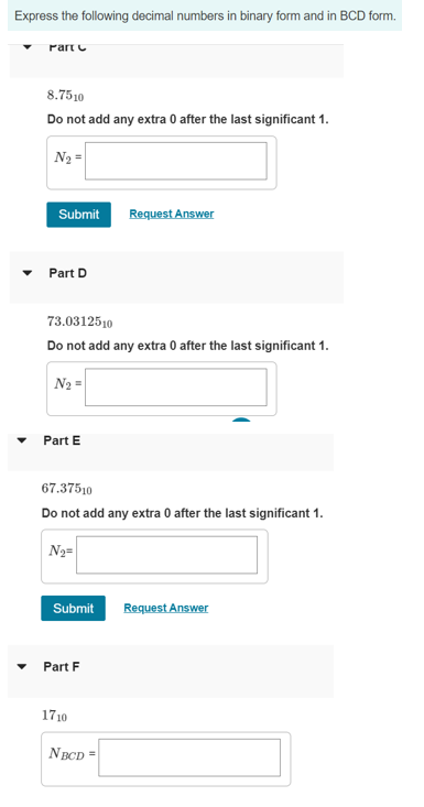 Solved Express the following decimal numbers in binary form | Chegg.com