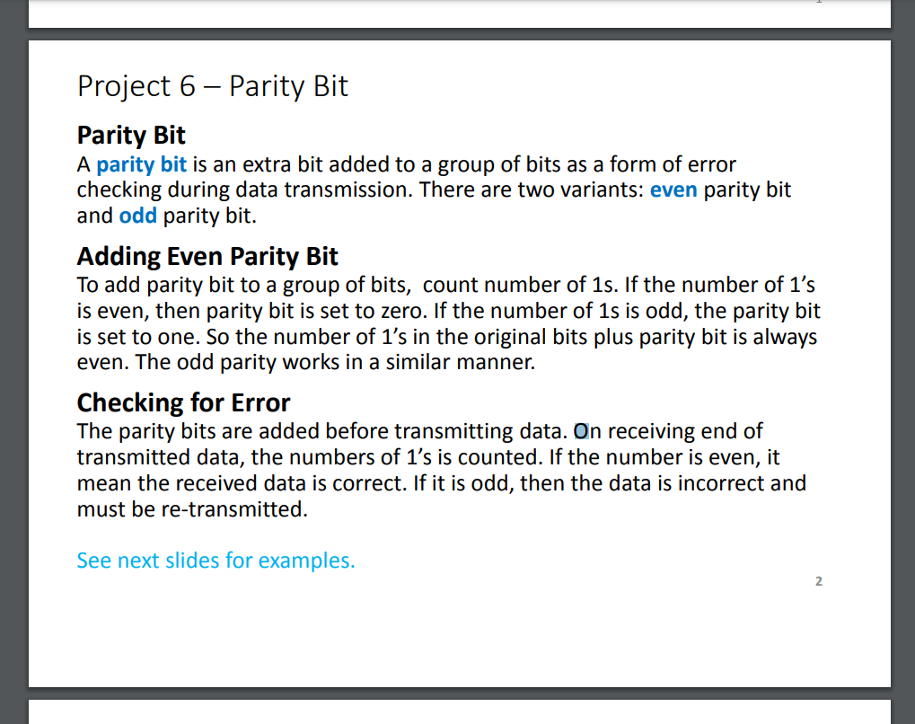 Solved Project 6 - Parity Bit Parity Bit A parity bit is an | Chegg.com