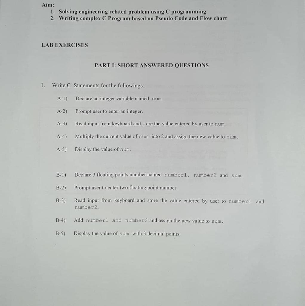 Solved Aim: 1. Solving engineering related problem using C | Chegg.com