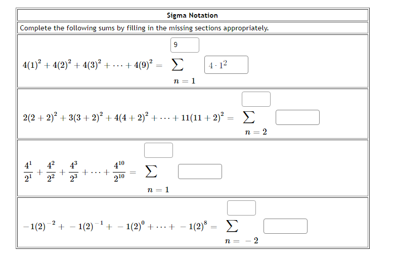 Solved Sigma Notation Complete the following sums by filling | Chegg.com