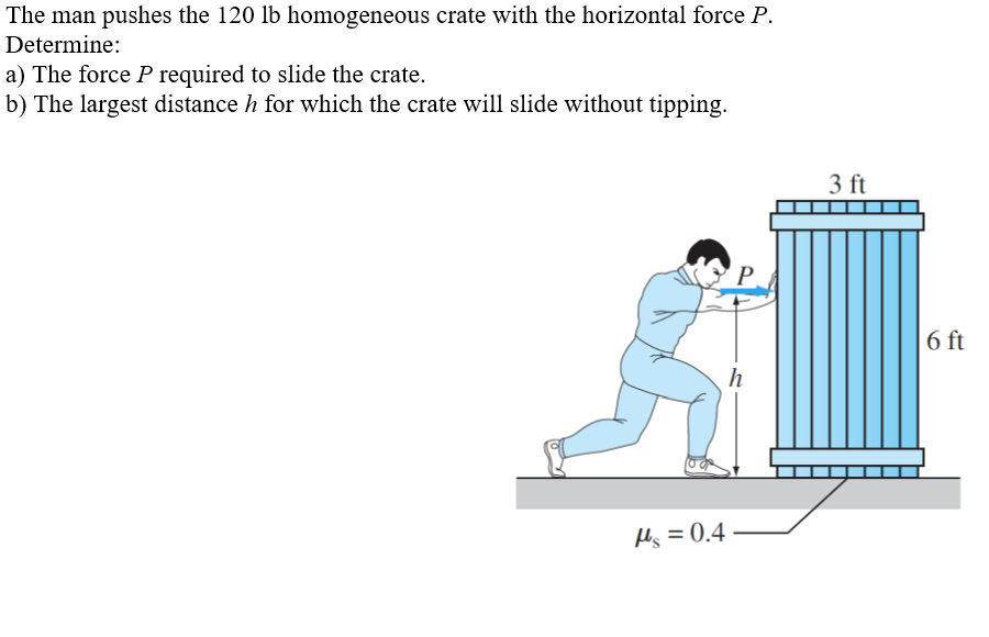Solved The man pushes the 120 lb homogeneous crate with the | Chegg.com