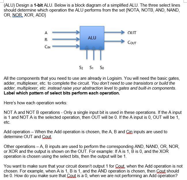 Solved (ALU) Design a 1-bit ALU. Below is a block diagram of | Chegg.com