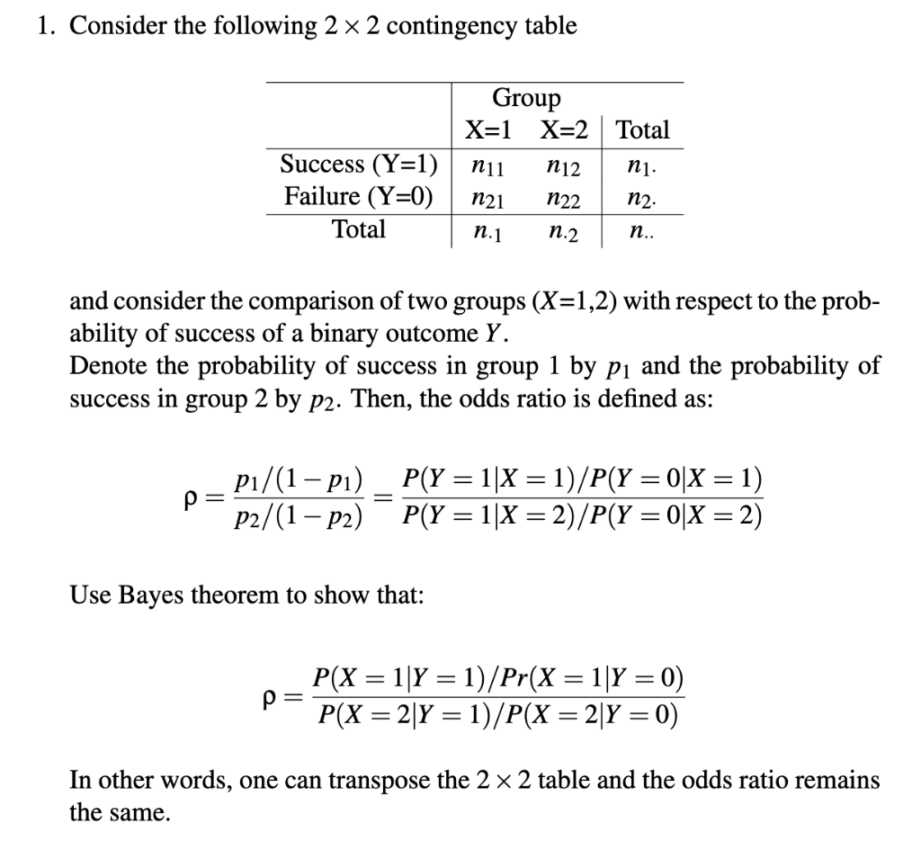 Solved 1. Consider the following 2 x 2 contingency table | Chegg.com