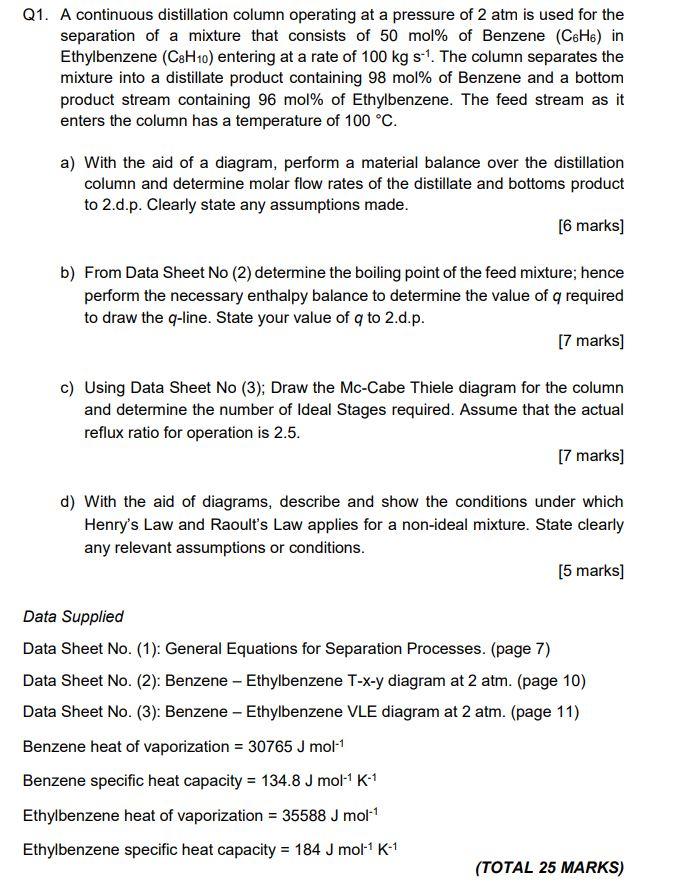 Solved Q1. A continuous distillation column operating at a | Chegg.com