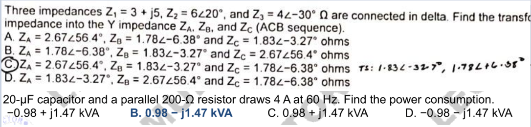 Solved Three impedances \\( Z_{1}=3+j 5, Z_{2}=6 \\angle | Chegg.com