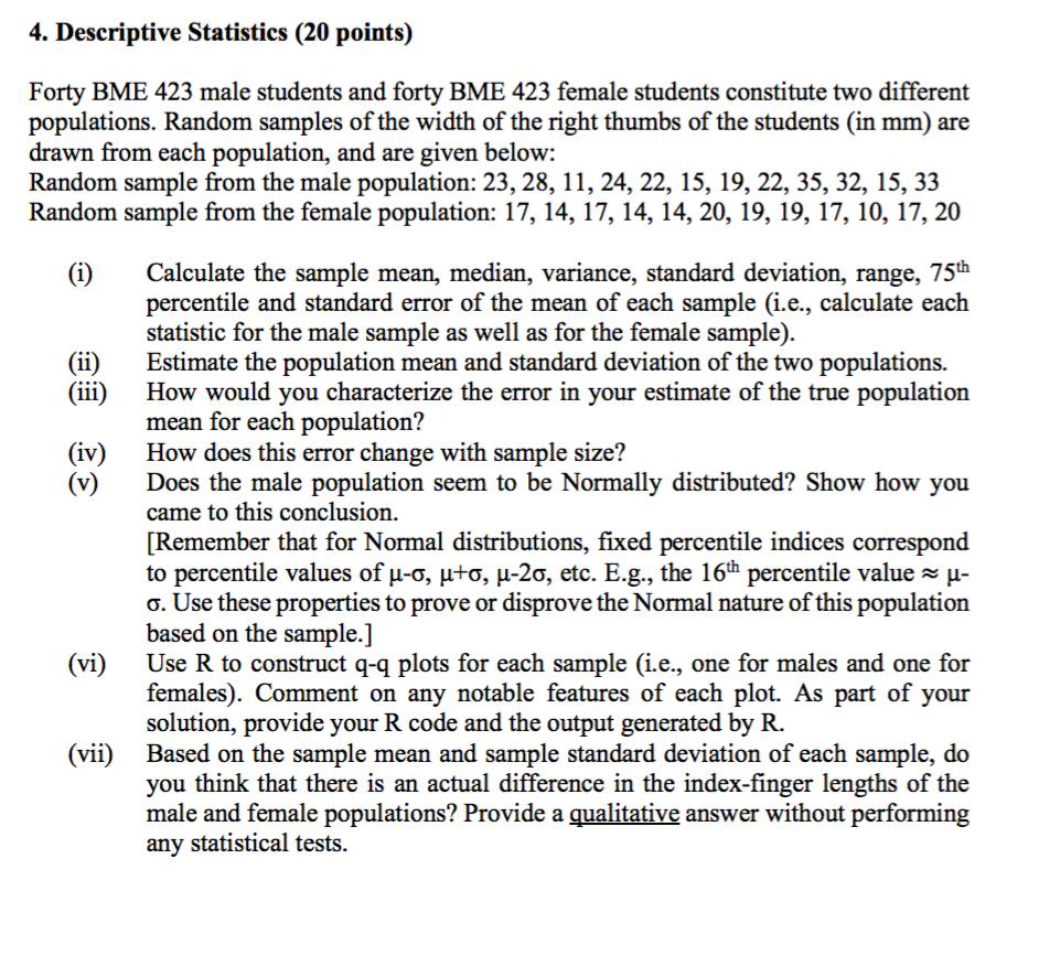 Solved 4. Descriptive Statistics (20 points) Forty BME 423 | Chegg.com