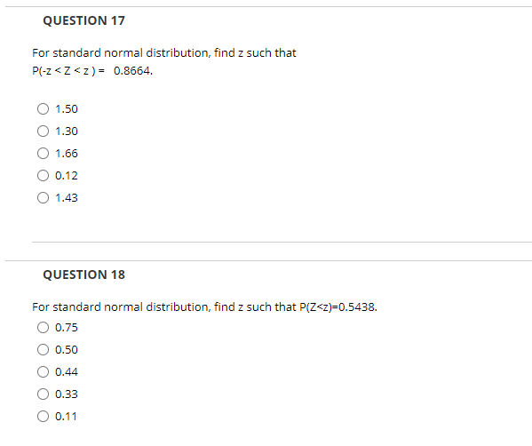Solved QUESTION 17 For standard normal distribution, find z | Chegg.com