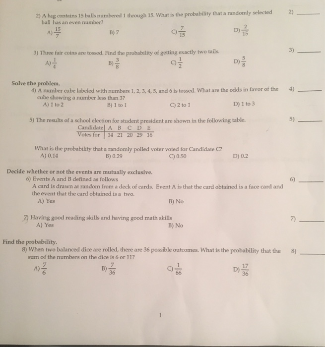 Solved ted 2) 2) A bag contains 15 balls numbered 1 through | Chegg.com