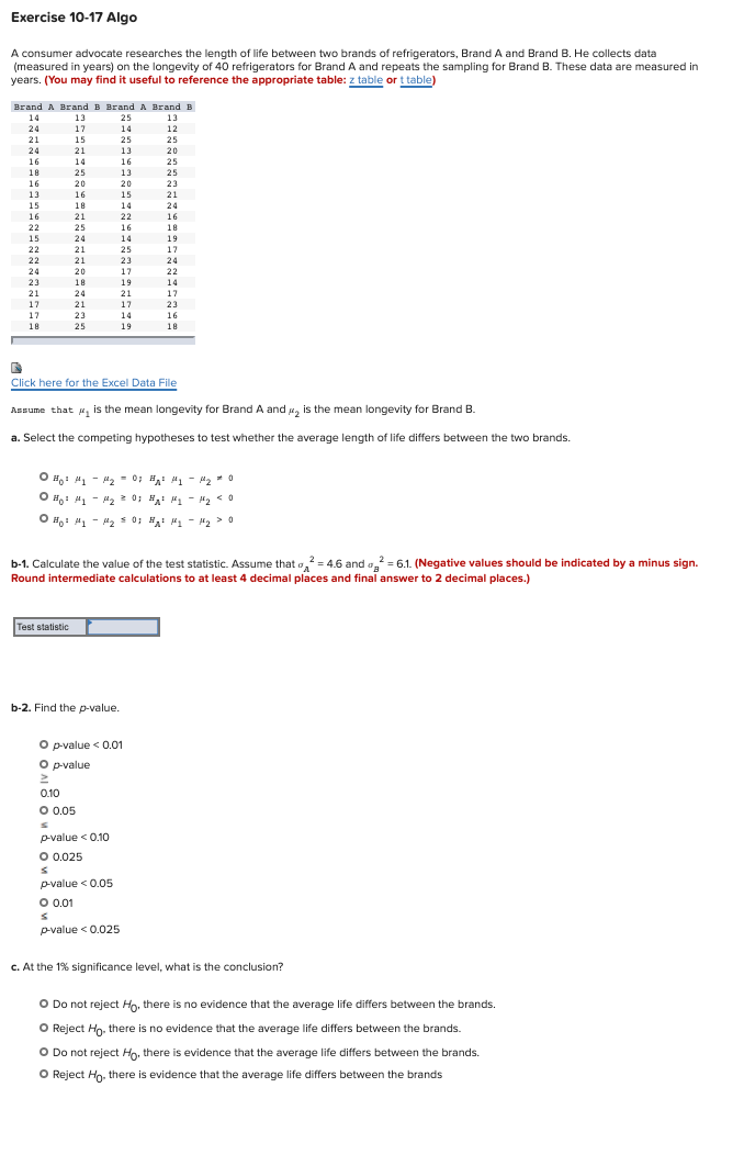 Solved Exercise 10-17 Algo A consumer advocate researches | Chegg.com