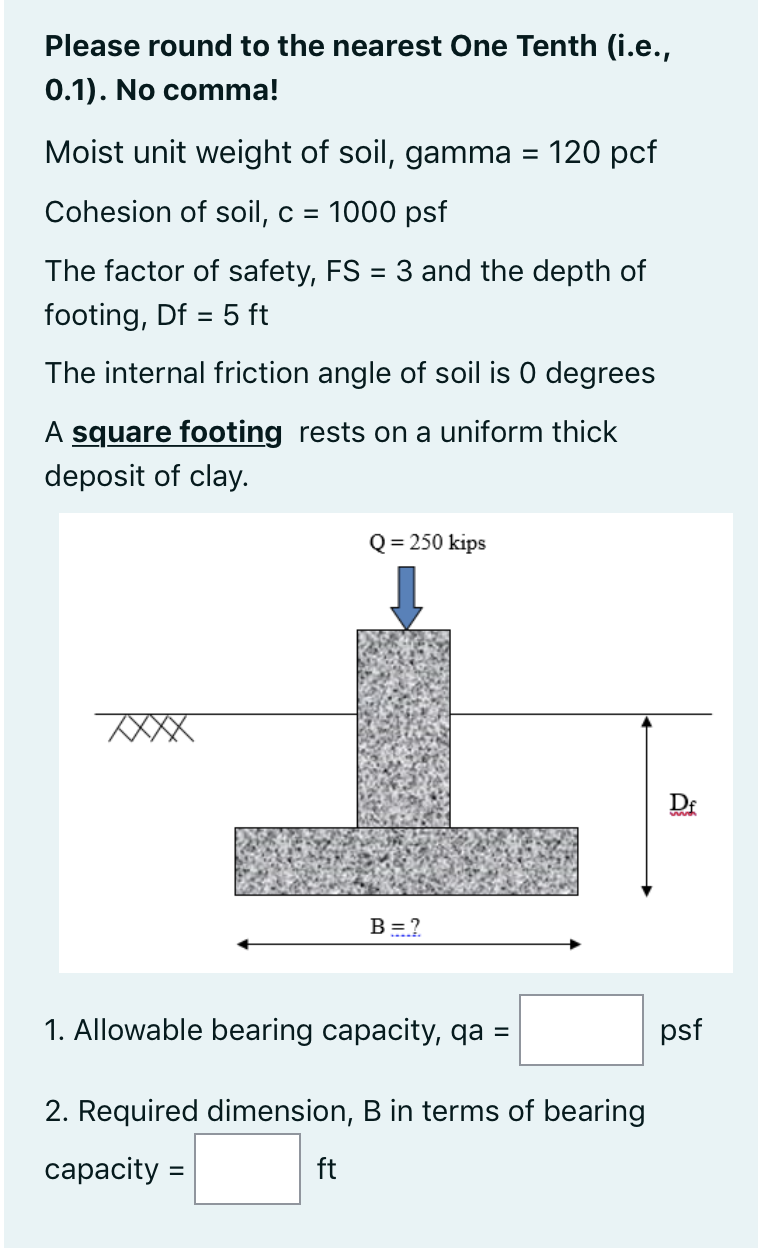 Solved Moist unit weight of soil, gamma = 120 pcf Cohesion | Chegg.com