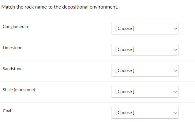 Solved Match the rock name to the depositional environment. | Chegg.com