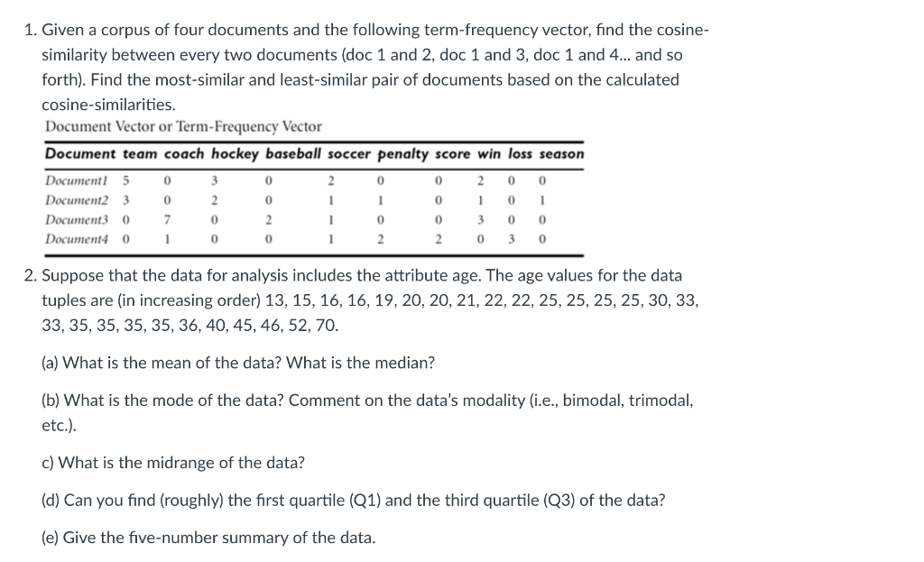 Solved 1. Given a corpus of four documents and the following | Chegg.com