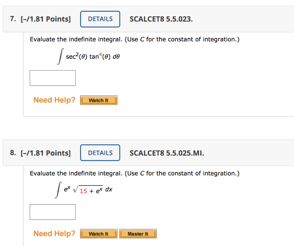 Solved 7. [-/1.81 Points] DETAILS SCALCET8 5.5.023. Evaluate | Chegg.com