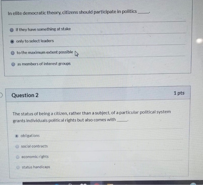 In elite democratic theory, citizens should | Chegg.com