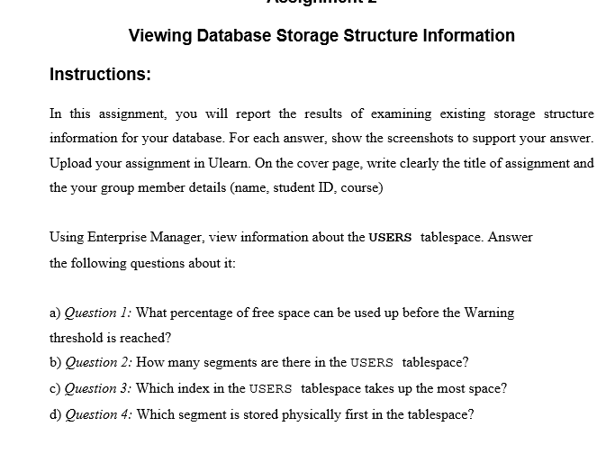 Viewing Database Storage Structure Information | Chegg.com