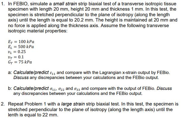 1. In FEBIO, simulate a small strain strip biaxial | Chegg.com