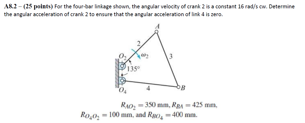 Solved A8.2 - (25 points) For the four-bar linkage shown, | Chegg.com