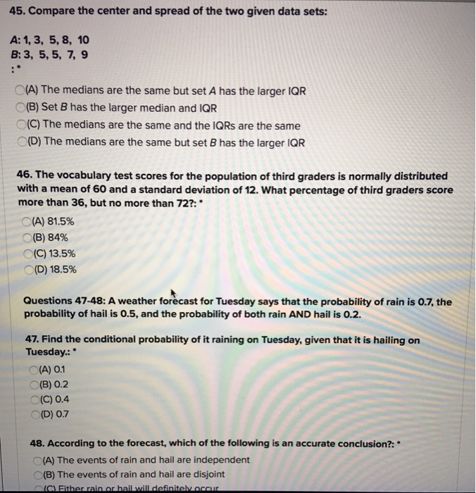 Solved 45. Compare the center and spread of the two given | Chegg.com