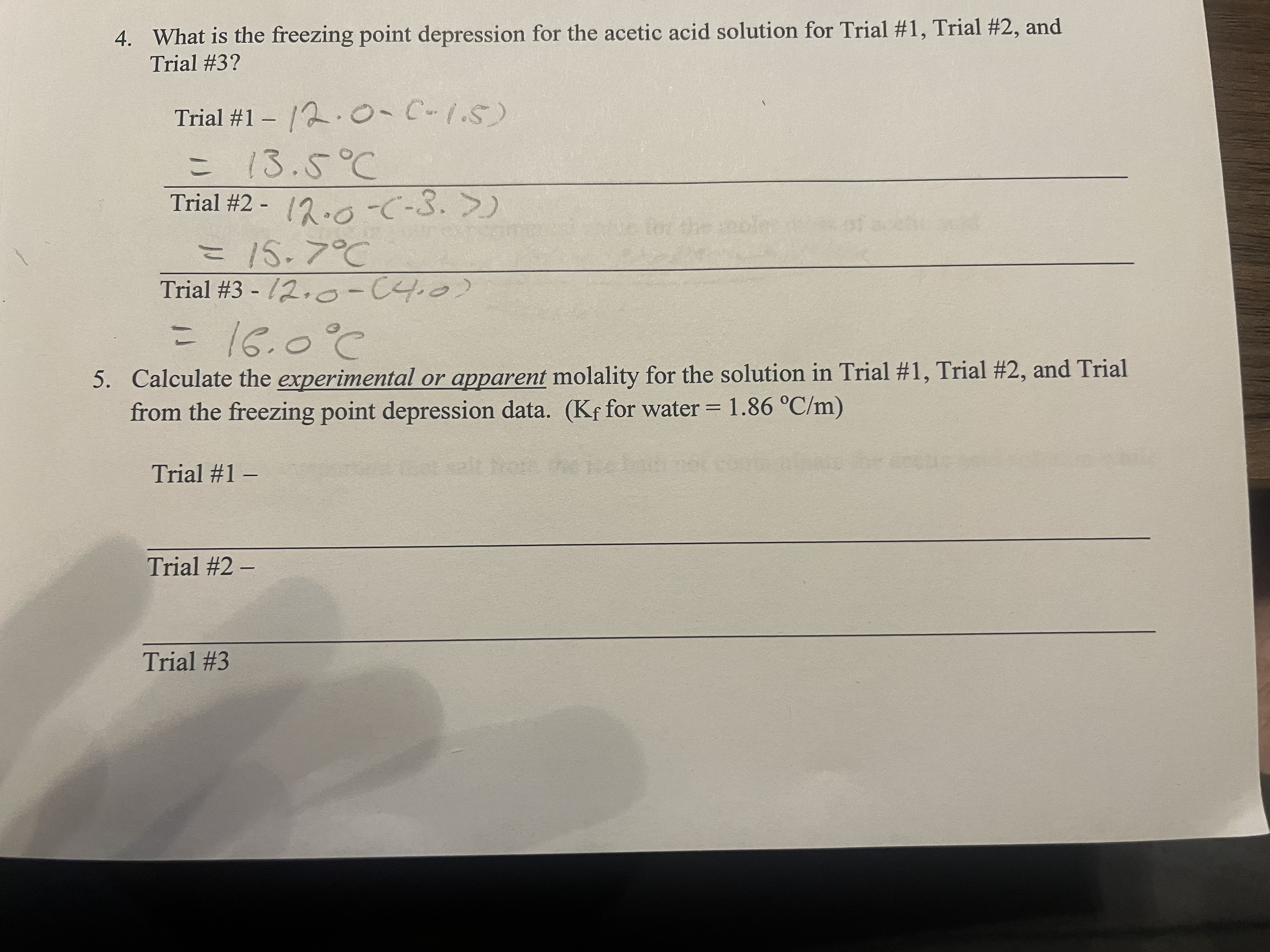 Solved Calculate the experimental or apparent molality for | Chegg.com