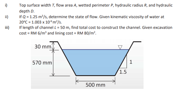Solved i) ii) Top surface width T, flow area A, wetted | Chegg.com
