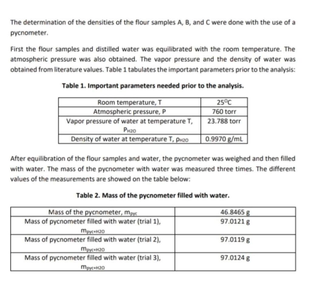Solved The determination of the densities of the flour | Chegg.com