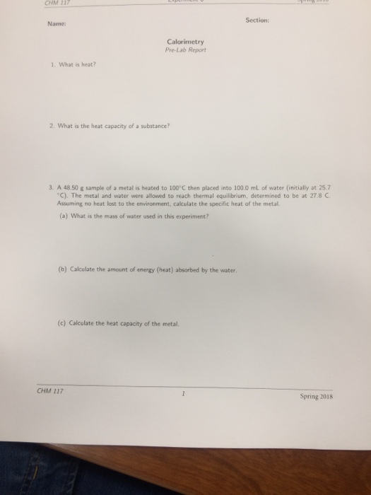 Solved CHM 11 Section: Name: Calorimetry Pre-Lab Report 1. | Chegg.com