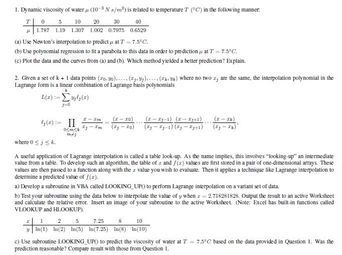 Solved 1. Dynamic viscosity of water μ(10−3Ns/m2) is related | Chegg.com