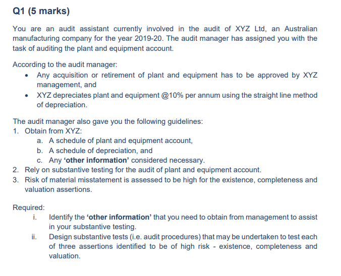Solved Q1 (5 marks) You are an audit assistant currently | Chegg.com