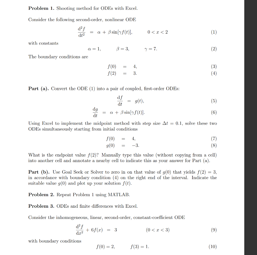 Solved Problem 1. Shooting method for ODEs with Excel. | Chegg.com