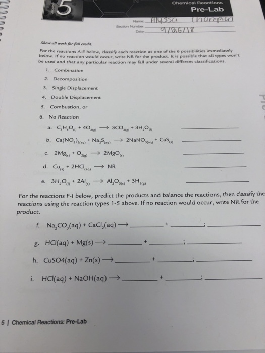 Solved 5 Chemical Reactions Pre-Lab Section Numben, Show all | Chegg.com