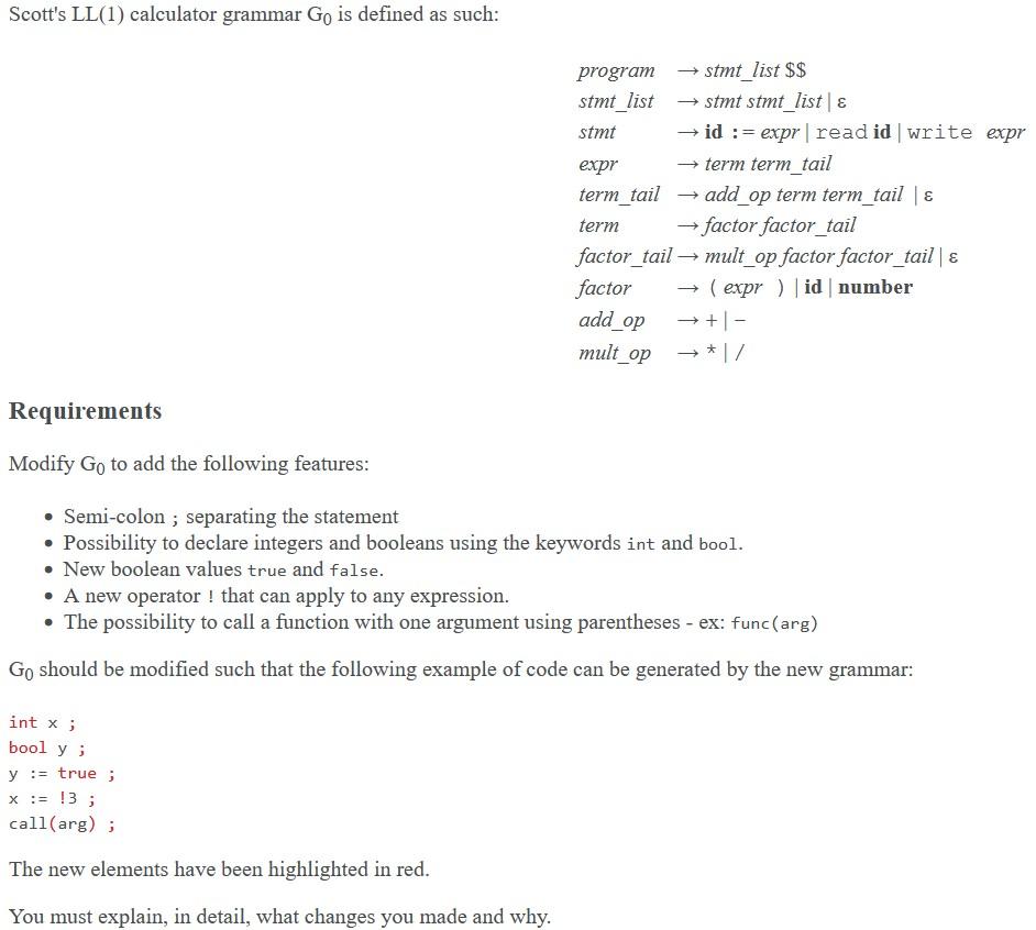 Solved Scott's LL(1) calculator grammar G0 is defined as | Chegg.com